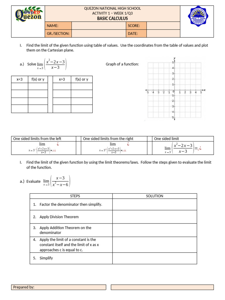 Activity 1 - WK 1 - Limits of A Function and Limit Laws | PDF ...