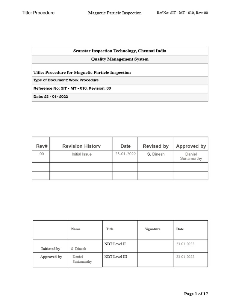 Magnetic Particle Inspection Procedure, Reference No: SIT - UT - 010 ...