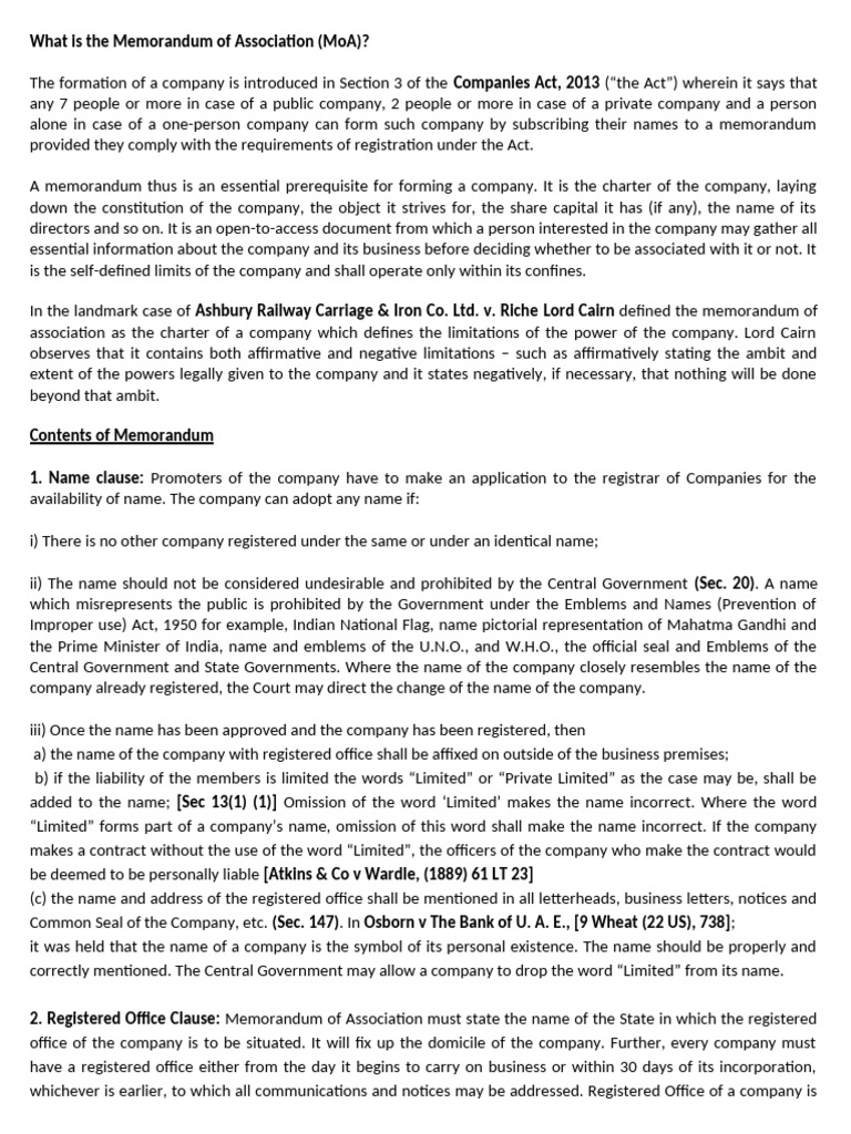 contents of MOA and AOA and difference | PDF | Articles Of Association | Guarantee