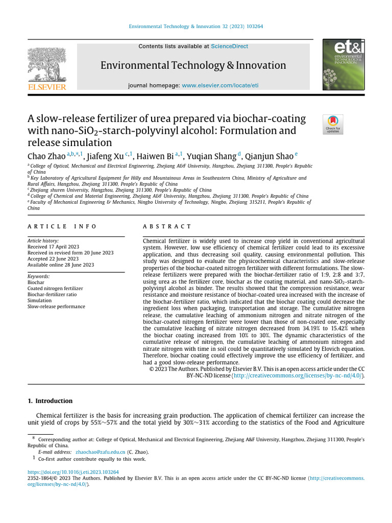A Slow-Release Fertilizer of Urea Prepared Via Biochar-Coating With ...