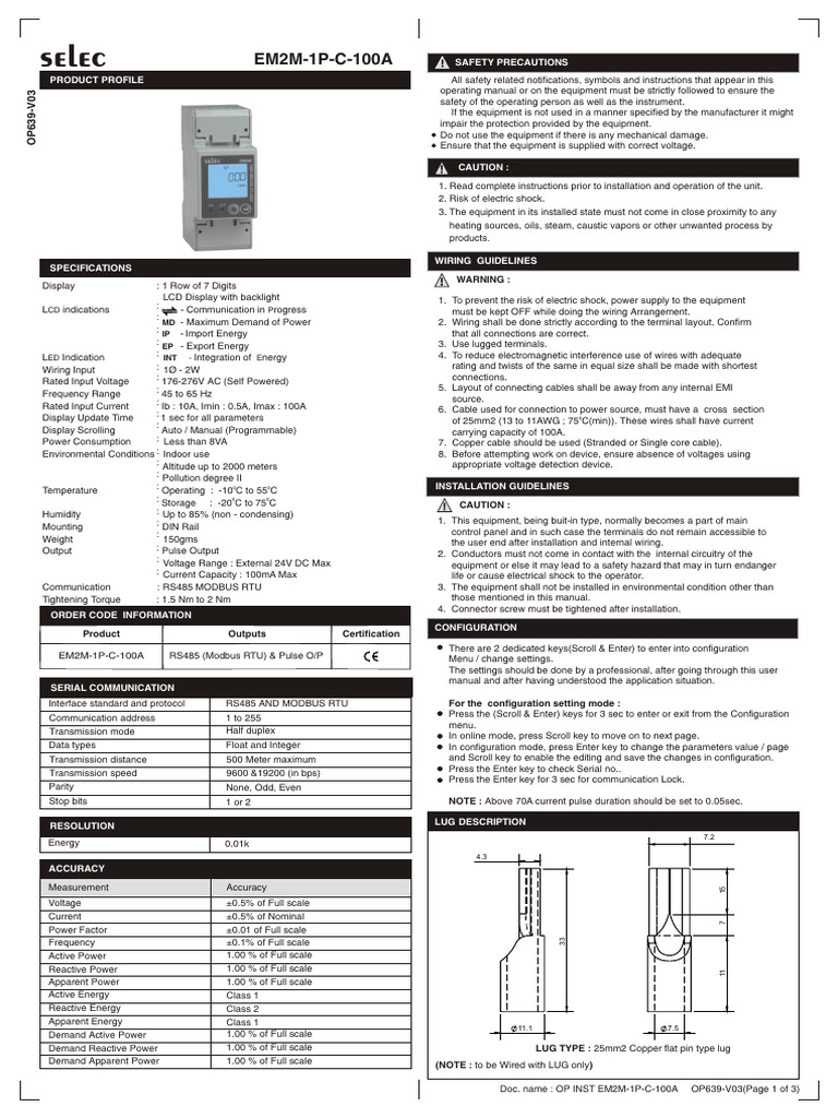 EM2M-1P-C-100A User Manual | PDF | Ac Power | Electrical Wiring