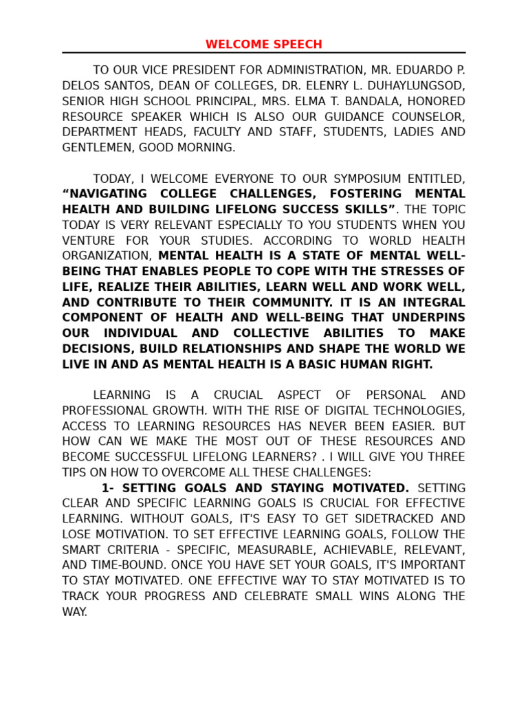 WELCOME SPEECH | PDF | Mindset | Learning