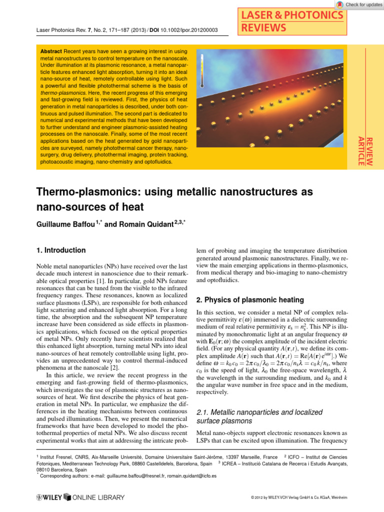 Thermo-Plasmonics Using Metallic Nanostructures As Nano-Sources of Heat ...