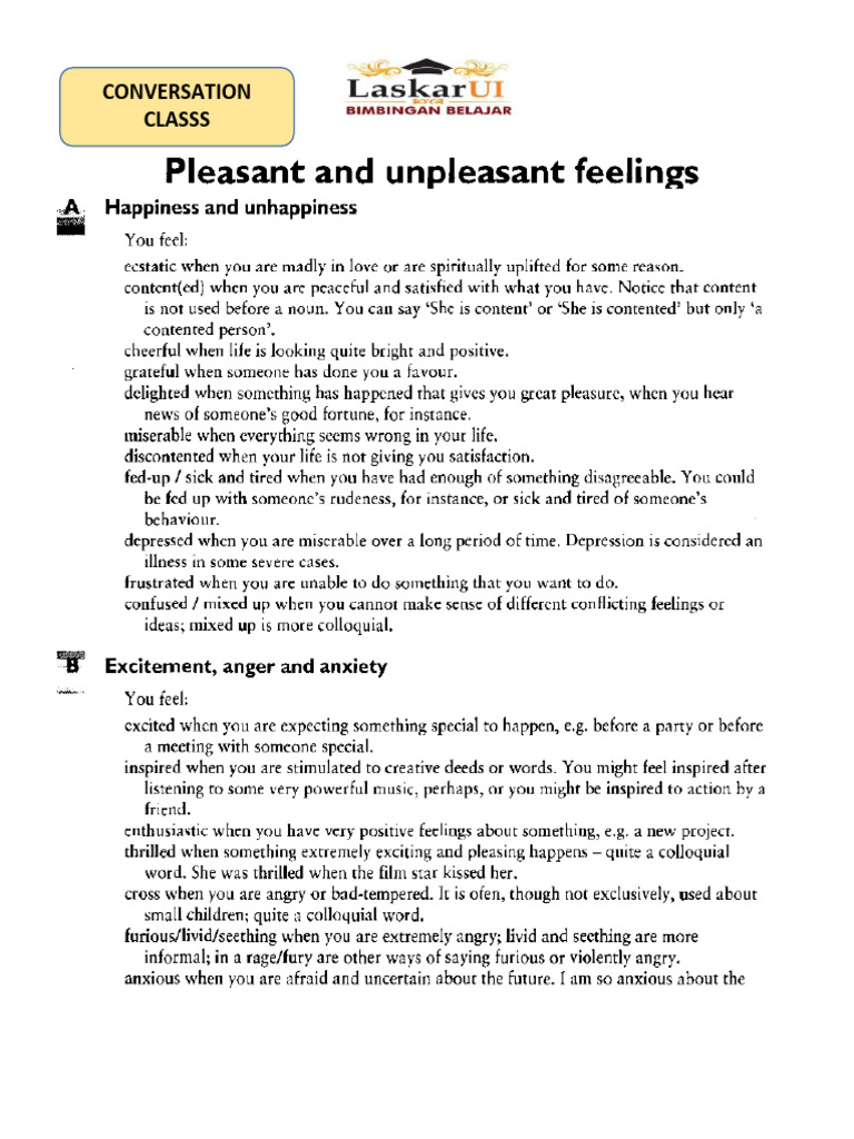 9. MATERI CONVERSATION CLASS (Pleasant And Unpleasant Fellings) | PDF