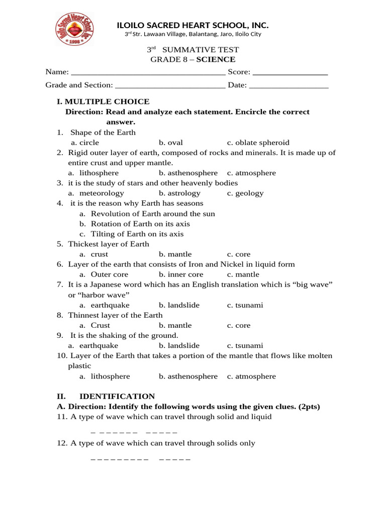 Grade 8 Science Summative Test | PDF | Earth | Earthquakes
