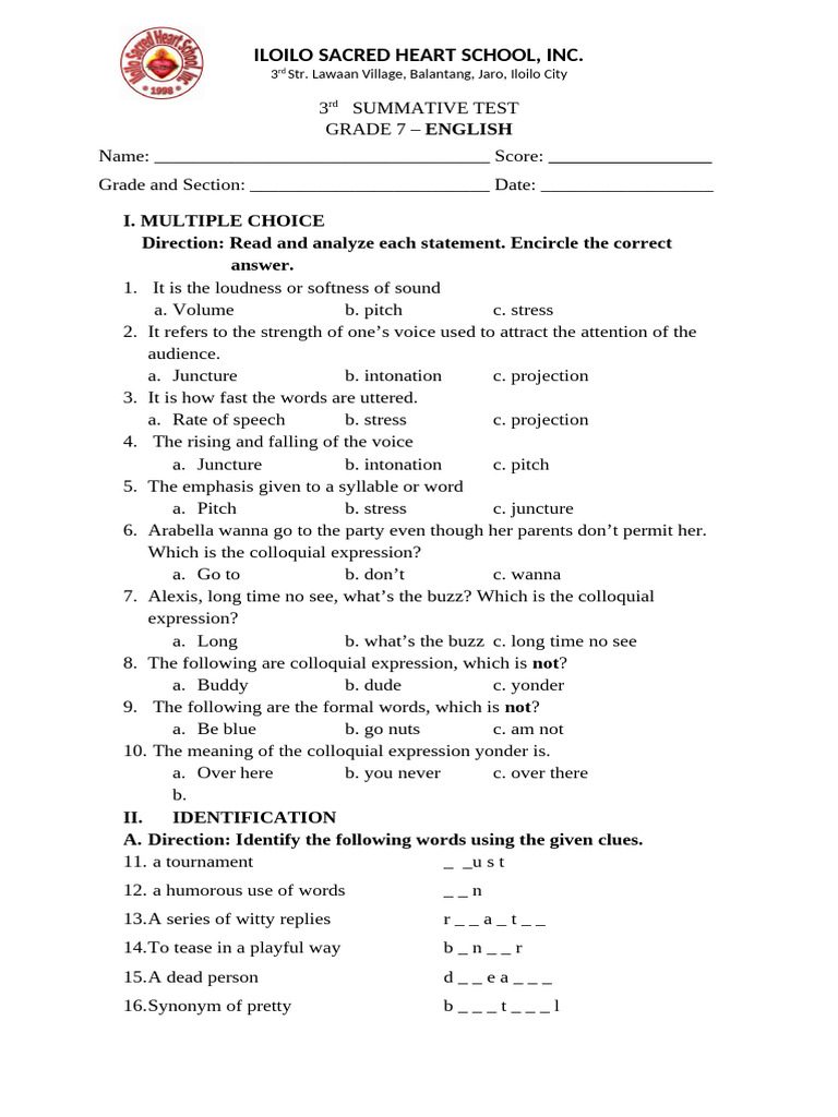 Grade 7 English Summative Test Guide | PDF | Stress (Linguistics ...