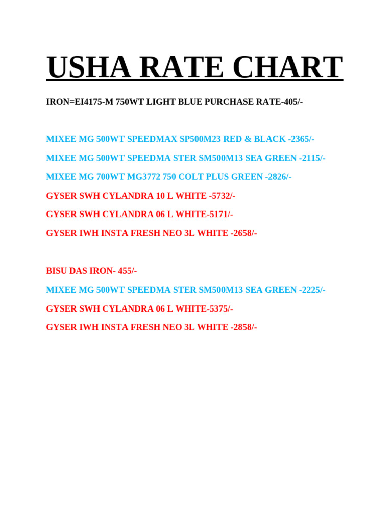 Usha Rate Chart | PDF