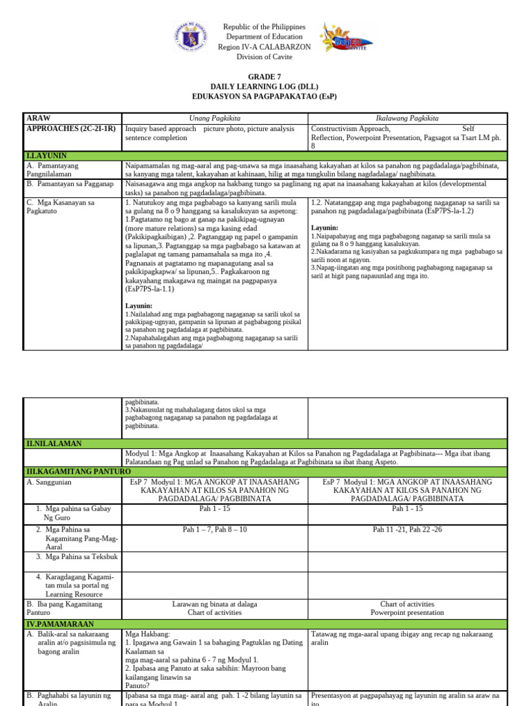 Grade 7 Daily Learning Log (DLL) Edukasyon Sa Pagpapakatao (Esp) Araw ...