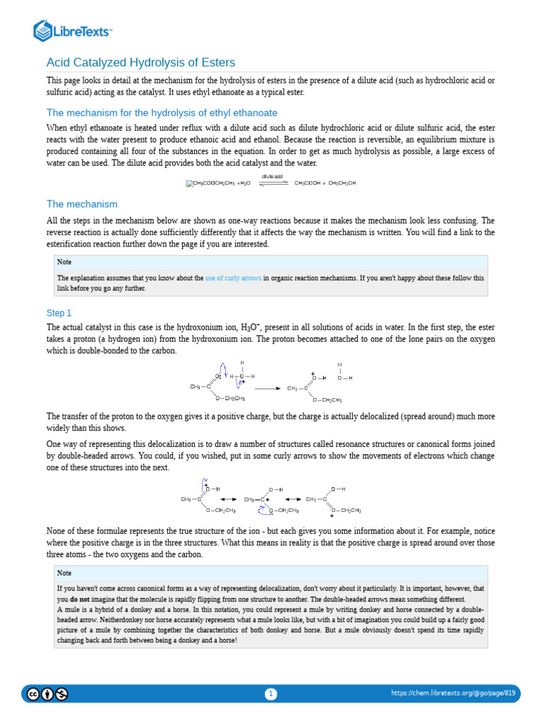 Acid Catalyzed Hydrolysis of Esters | PDF | Acid | Ester
