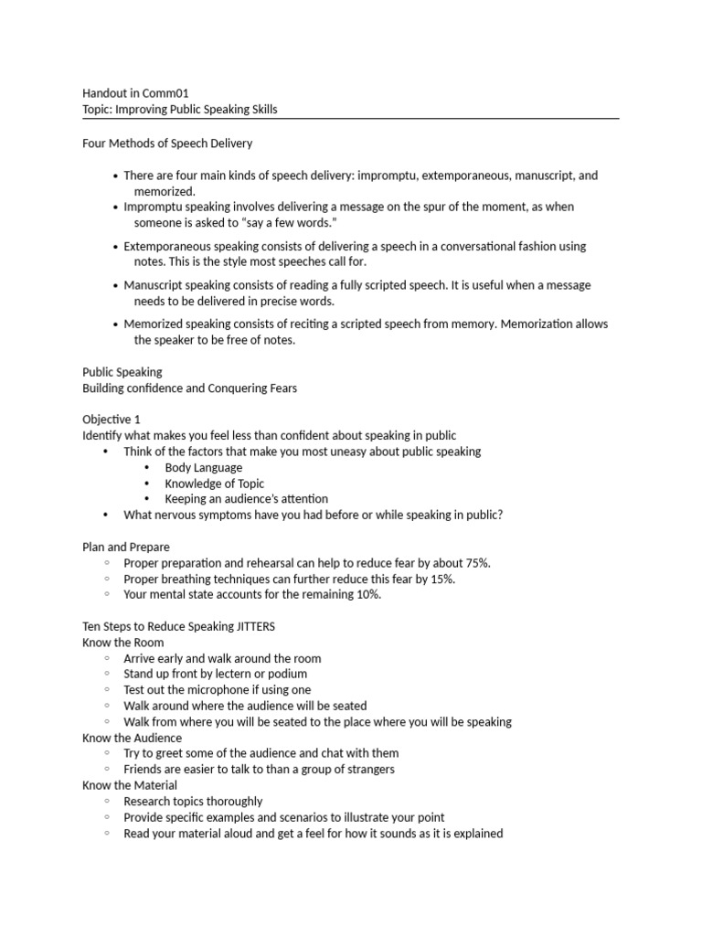 Handout in Comm01 Improving Public Speaking Skills | PDF | Public Speaking | Anxiety