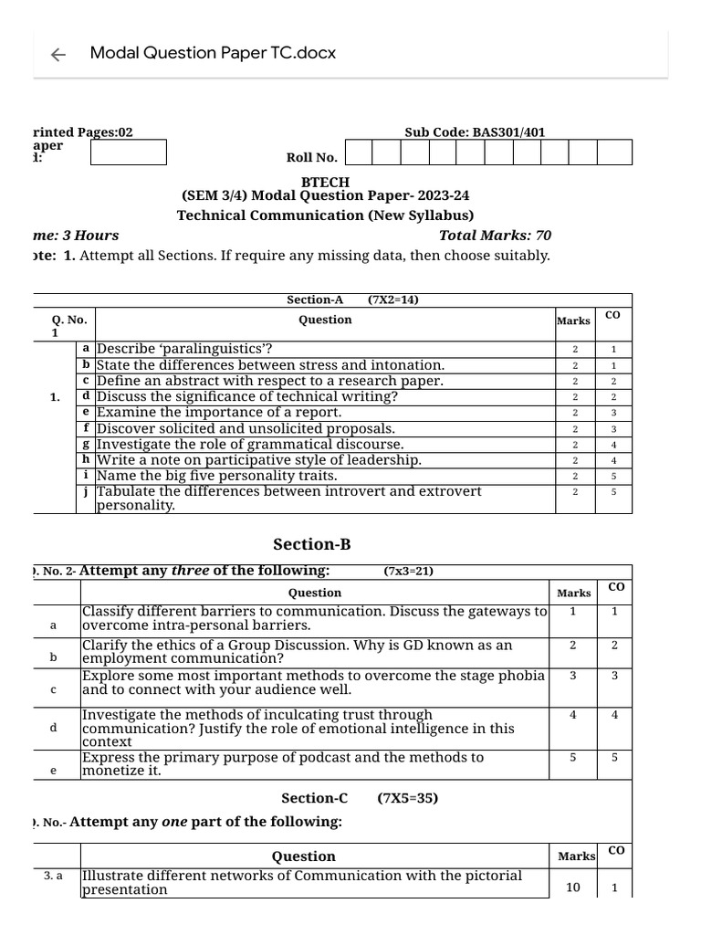Modal Question Paper TC | PDF | Id | Communication