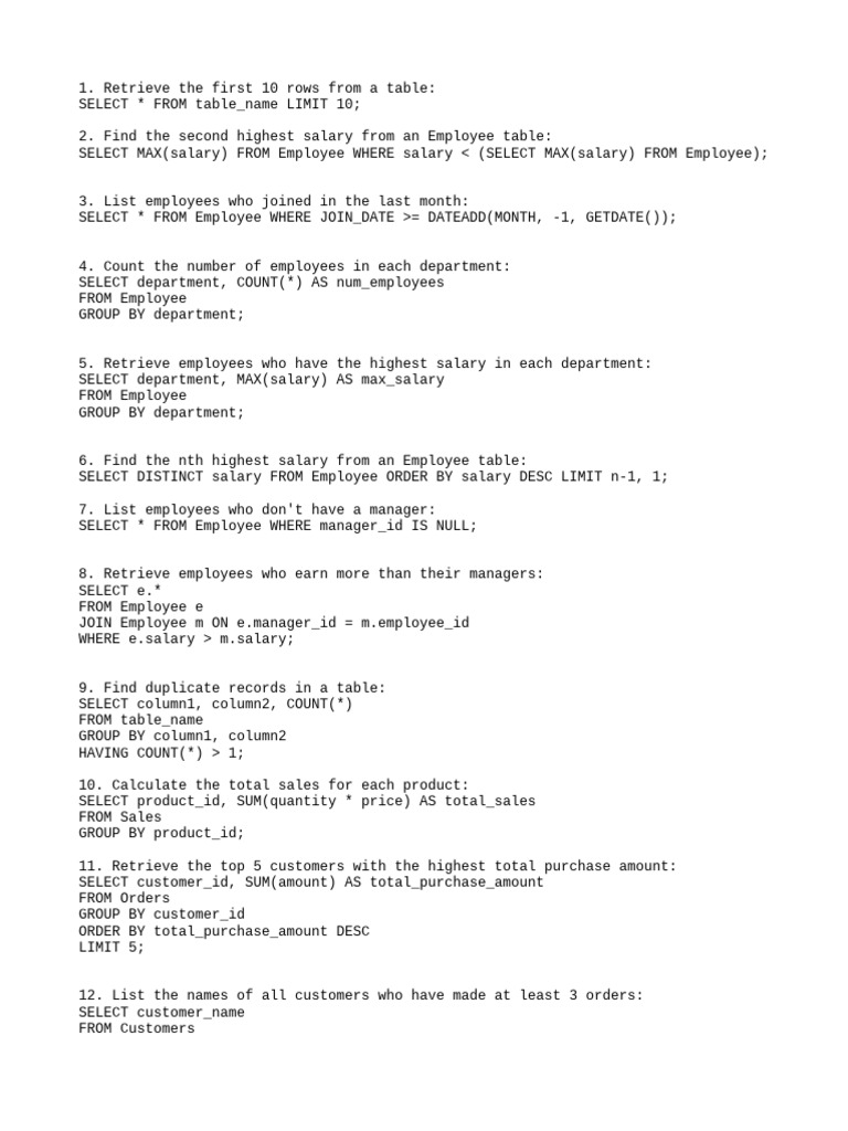SQL Questions | PDF | Data Management | Databases SQL Questions | PDF | Data Management | Databases