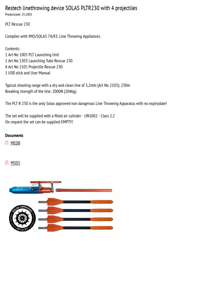 SOLAS PLT230 Line Throwing Device Details | PDF