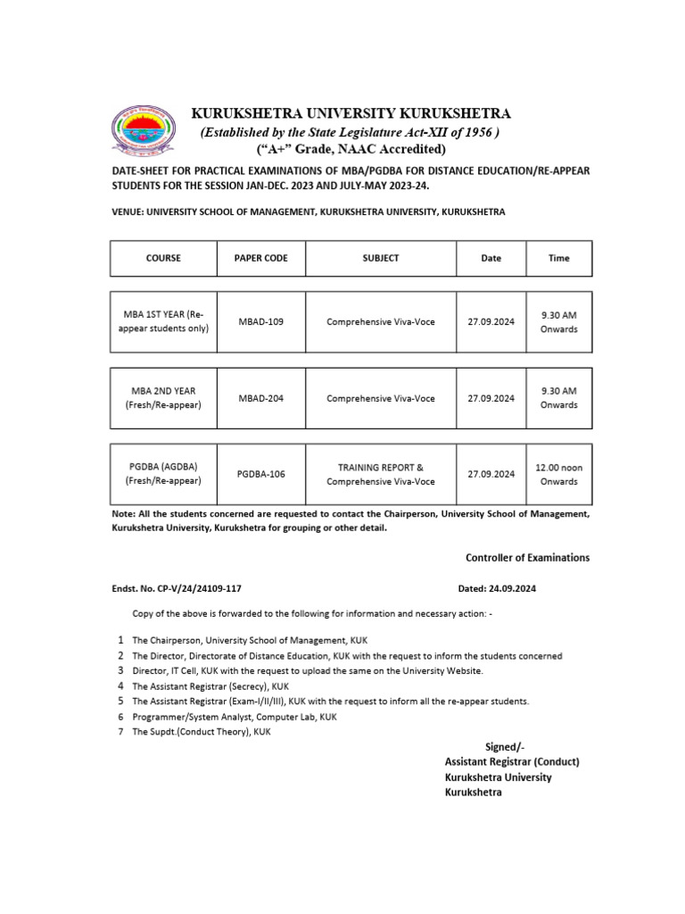 Revised Date Sheet For MBA and PGDBA For Fresh and Re Appear Students ...