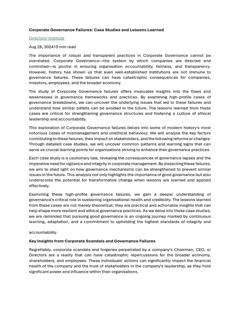 Case Study Corporate Governnace Failures Lehman Brothers | PDF | Governance | Corporate Governance