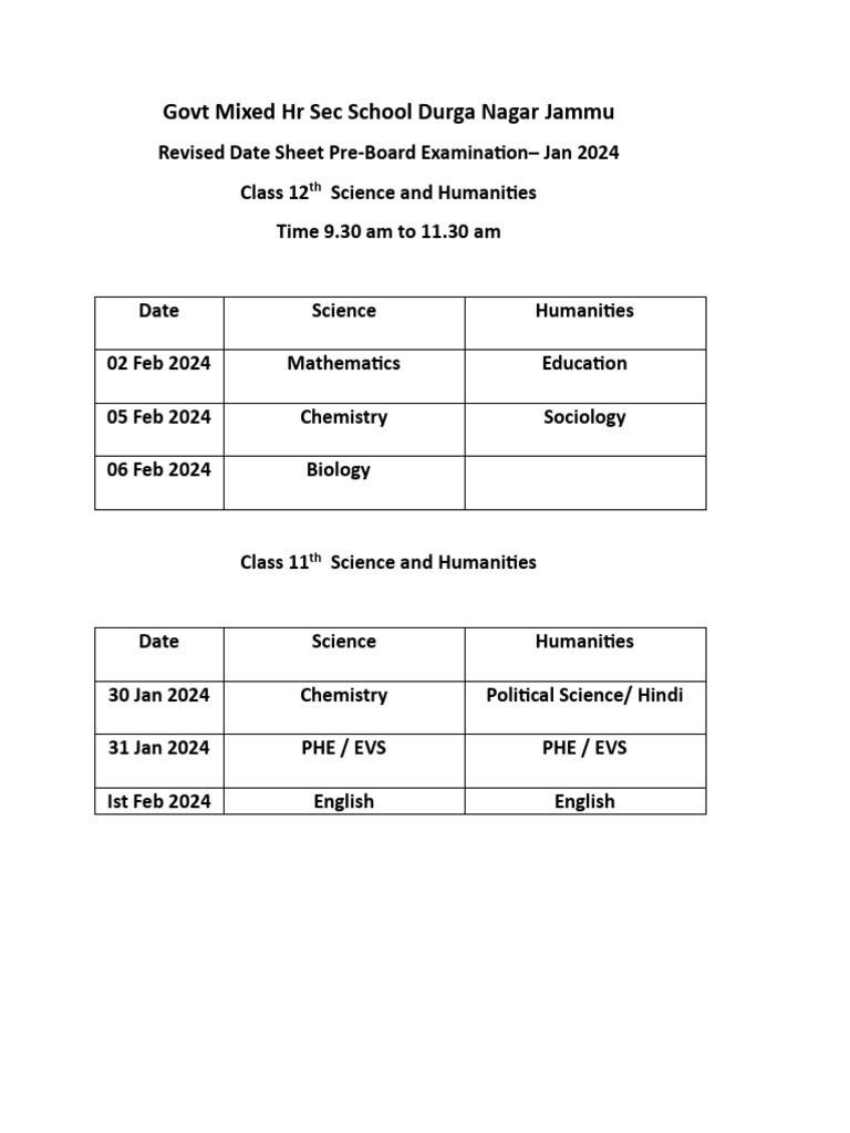 Class 11 & 12 Pre-Board Exam Schedule | PDF