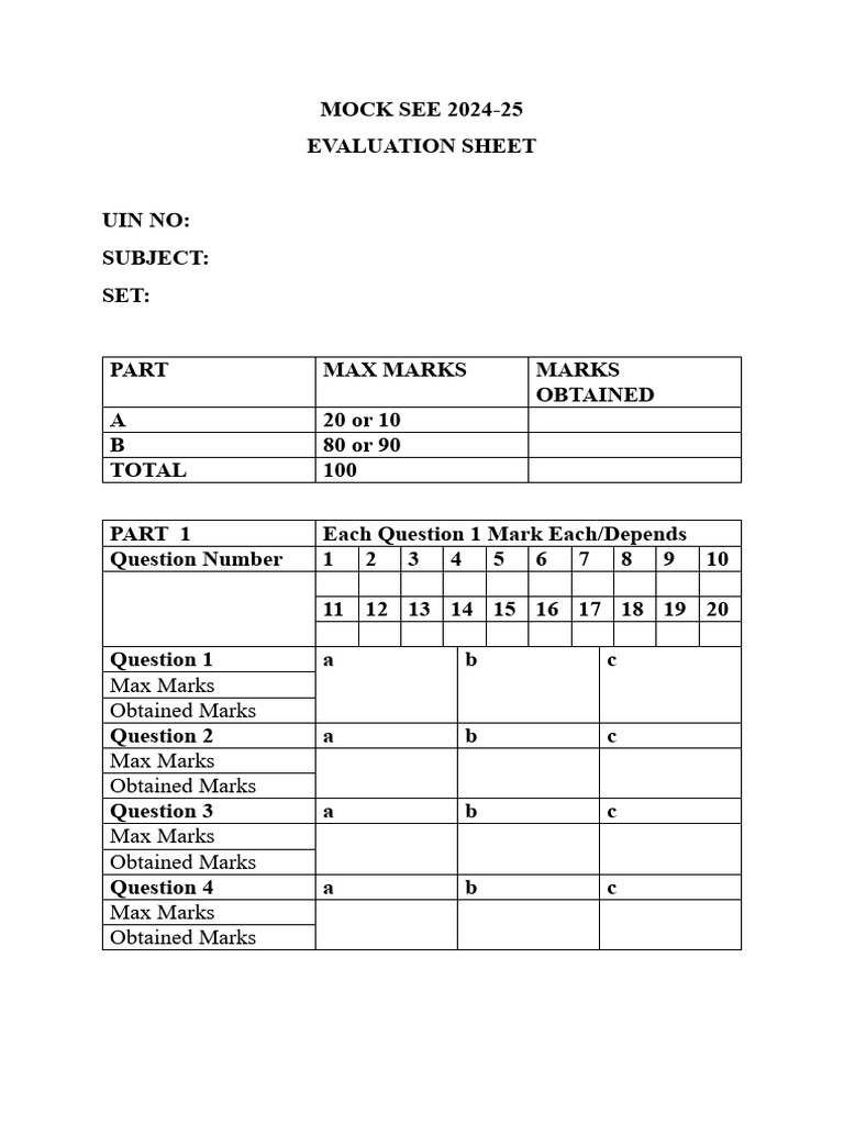 MOCK SEE 2024-25 Evaluation Sheet | PDF