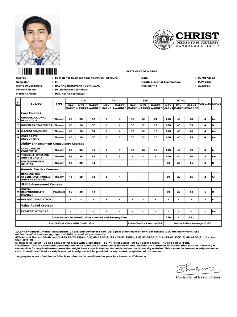 Sem 2 - Marks Card | PDF | Educational Stages
