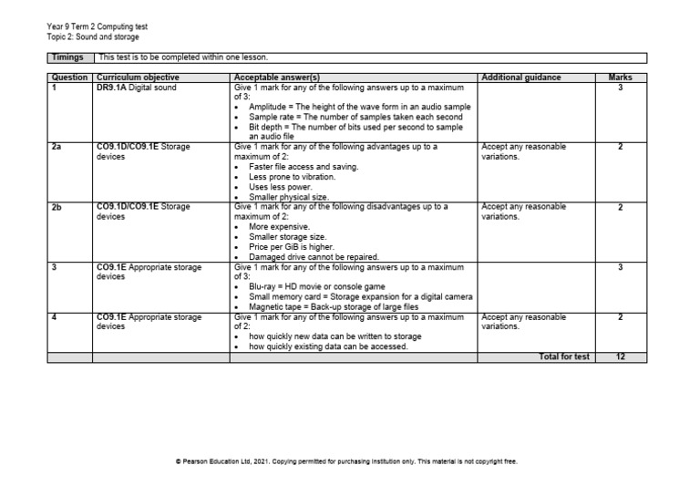 iLS Computing_Y9_Sound and storage_markscheme_set 2 | PDF | Computer Data Storage | Computer Data