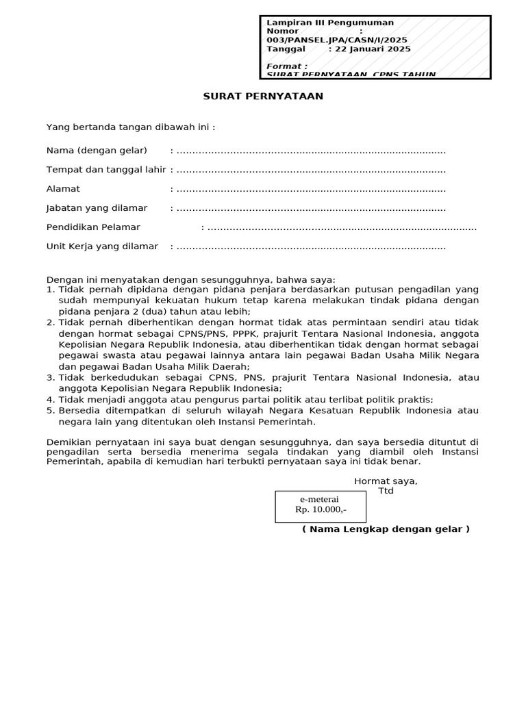 Contoh Lampiran III - Surat Pernyataan 5 Poin | PDF