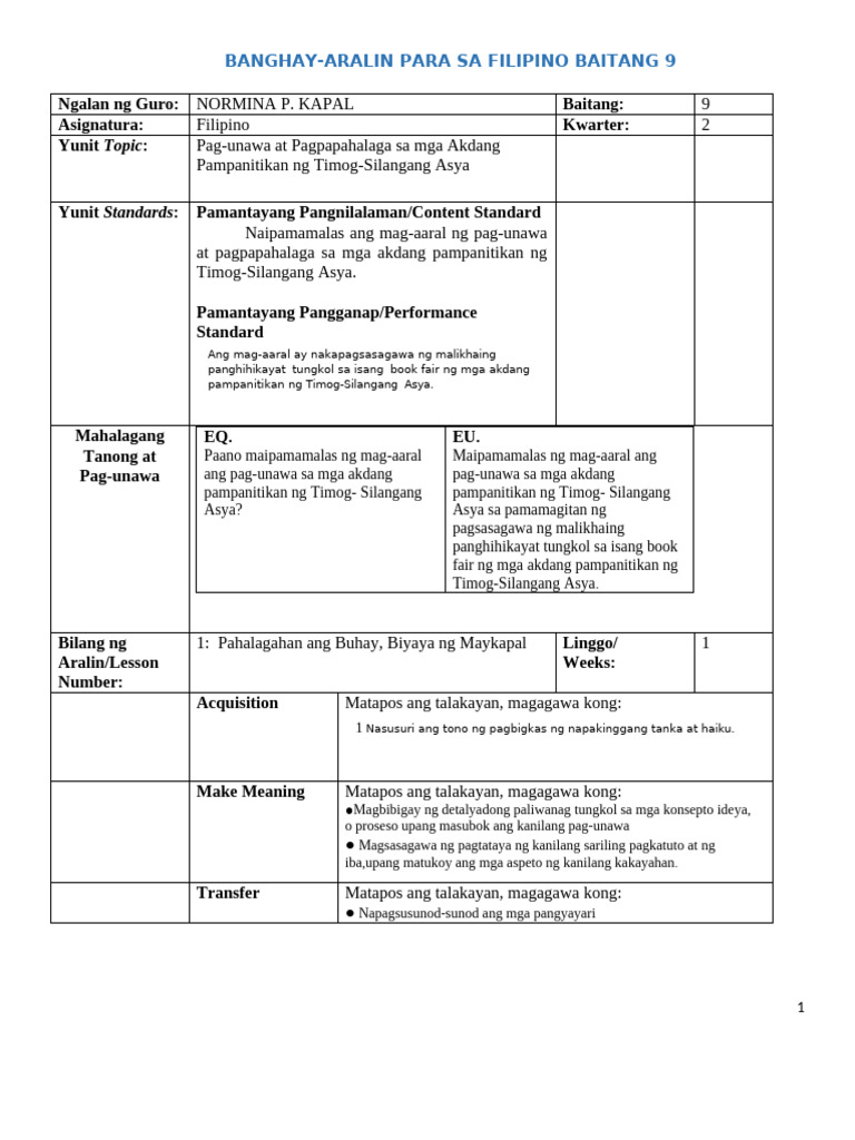 Fil 9 Q1 Week 2 LP | PDF