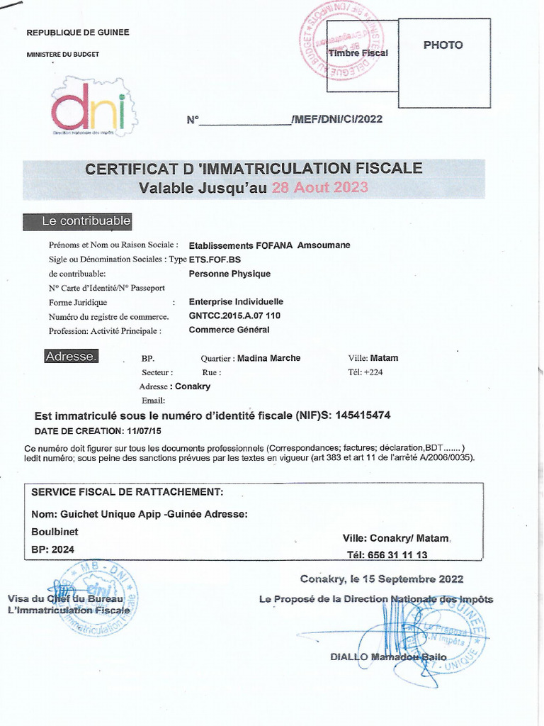 Certificat d'Immatriculation | PDF