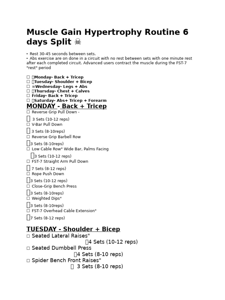 Muscle Gain Hypertrophy Routine 6 Days Split | PDF | Strength Training ...