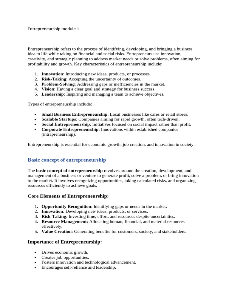 Entrepreneurship Module 1 | PDF | Entrepreneurship | Startup Company