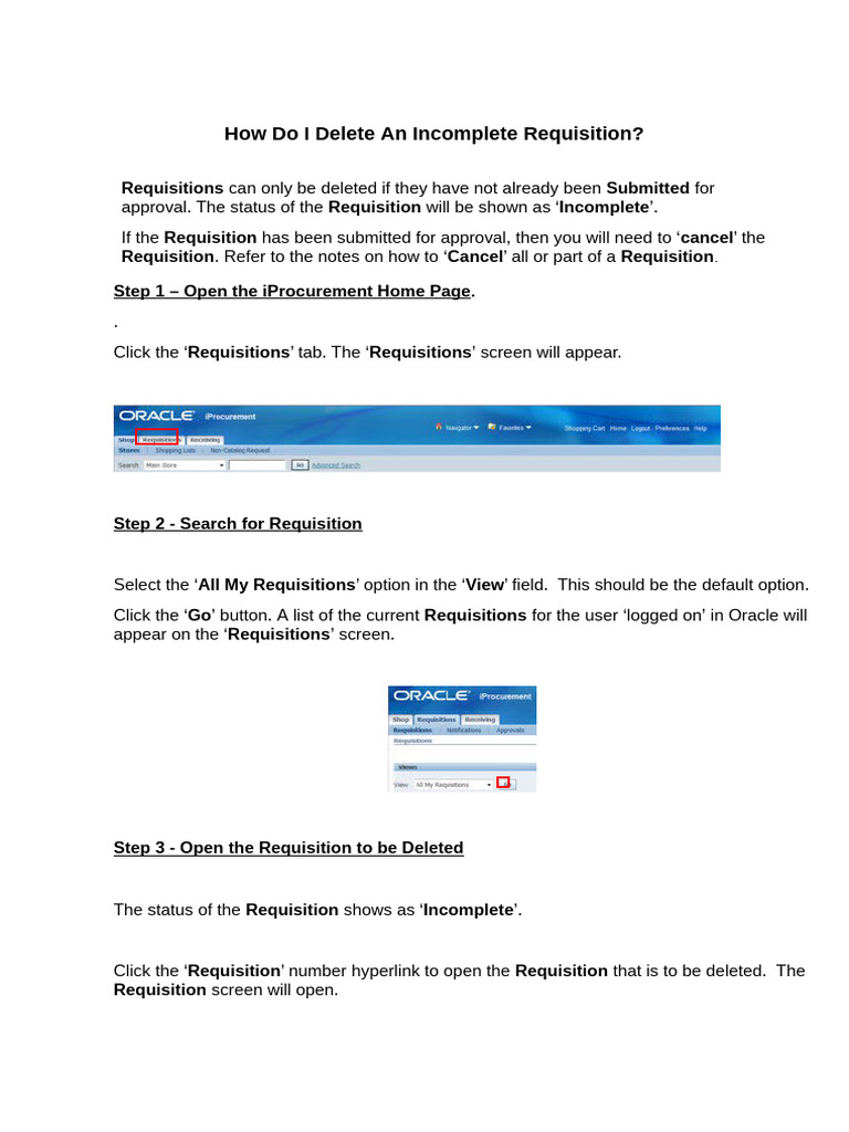Delete An Incomplete Requisition | PDF