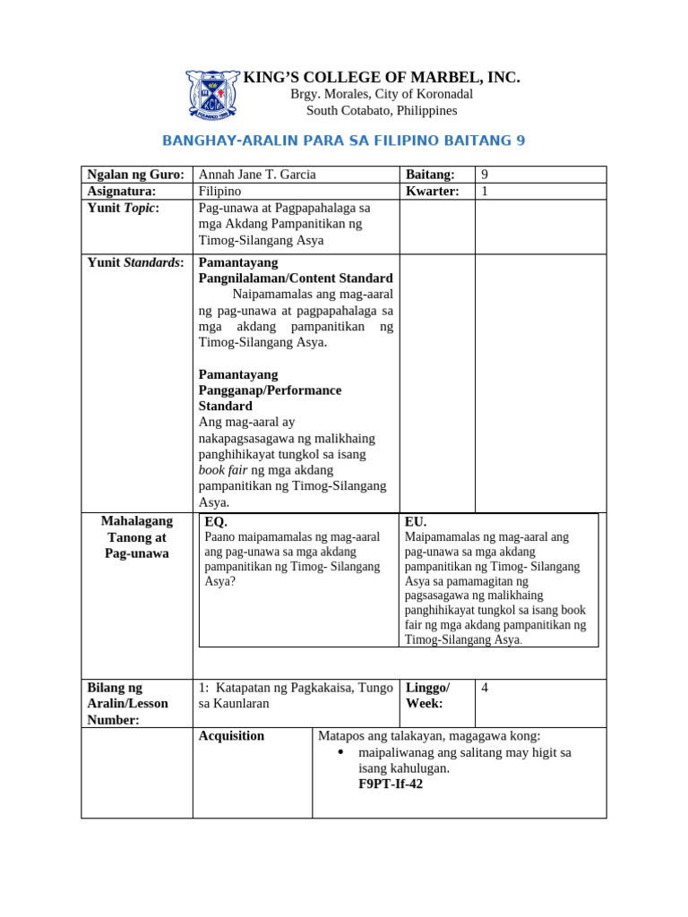 Fil 9 Q1 Week 4 LP | PDF