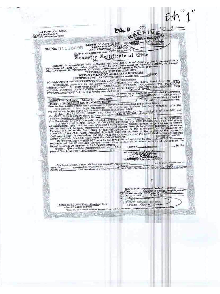 Exhibit 1-Transfer Certificate of Title No.T-290.Civil Case No.932 | PDF