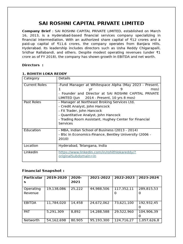 Sai Roshni Capital Private Limited | PDF