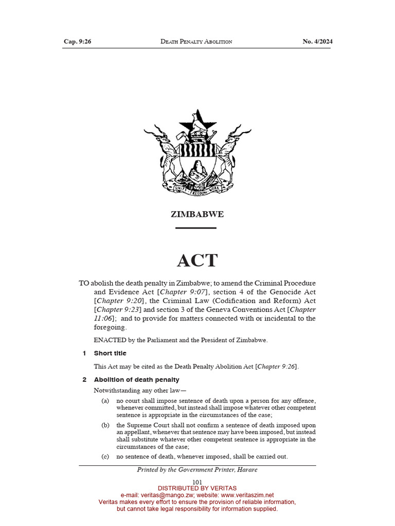 Zimbabwe Death Penalty Abolition Act | PDF | Capital Punishment ...