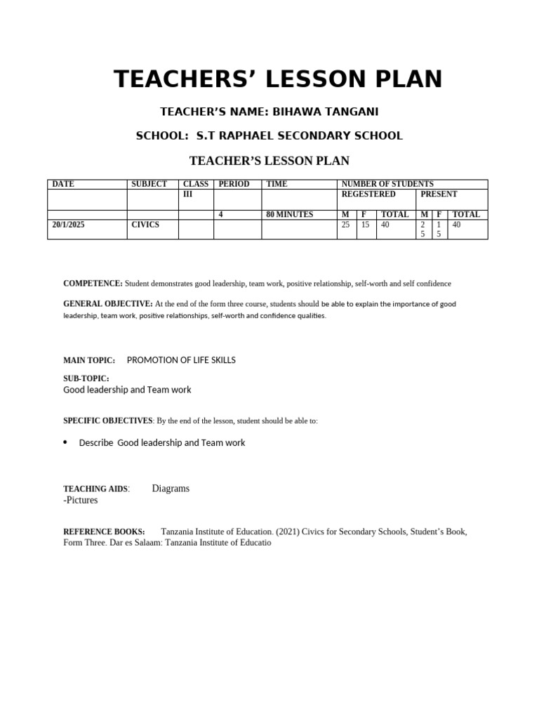 Daily Civics Form Three Lesson Plan | PDF | Teachers | Lesson Plan