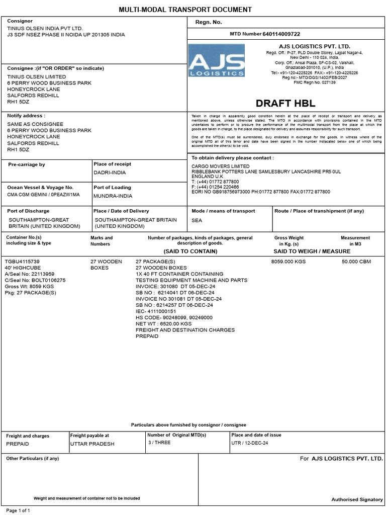 Shipping Document for Logistics | PDF | Logistics | Supply Chain Management