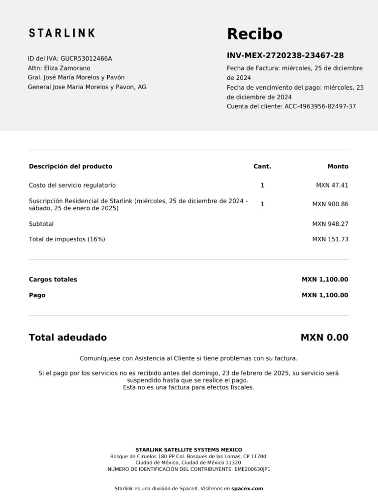 Recibo de Pago Starlink Diciembre 2024 | PDF | Pagos | Espacio X