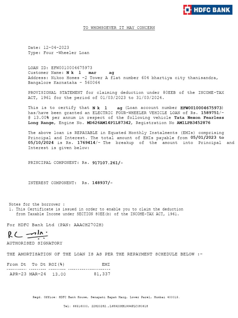 Electric Car Loan Tax Deduction Certificate | PDF