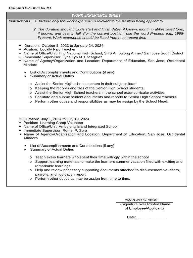 Work_Experience_Sheet | PDF | Behavior Modification | Learning