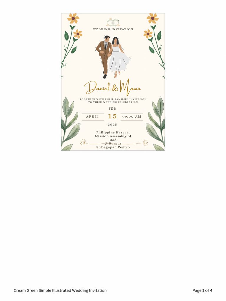 Cream Green Simple Illustrated Wedding Invitation PDF | PDF