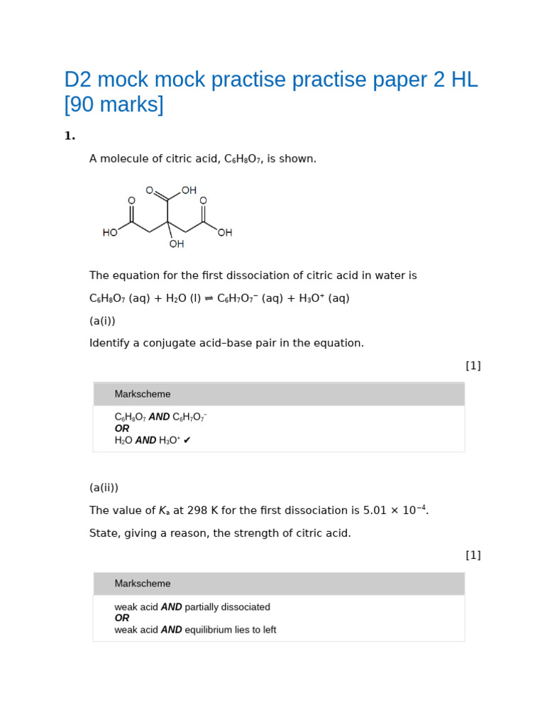 D2 Mock Mock Practise Practise Paper 2 HL | PDF | Acid | Chemistry