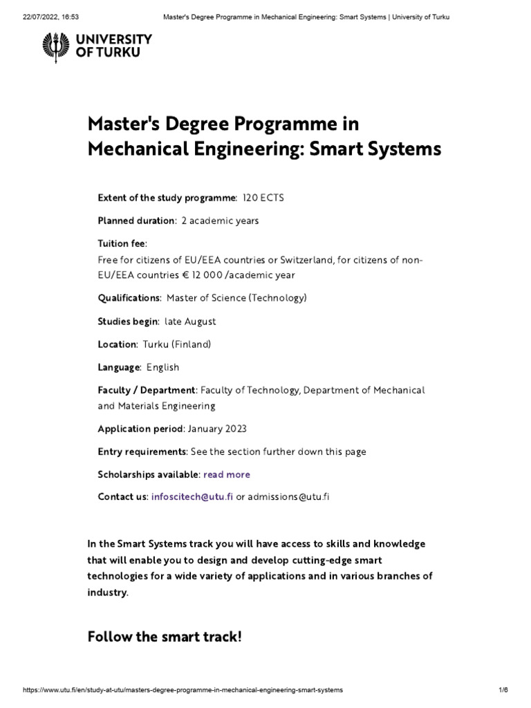 Master's in Mechanical Engineering: Smart Systems | PDF | Master's Degree | Academic Degree