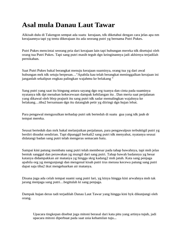 Legenda Putri Pukes dan Danau Laut Tawar | PDF