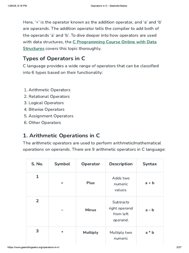 C airthmatic operator | PDF | Arithmetic | Mathematics