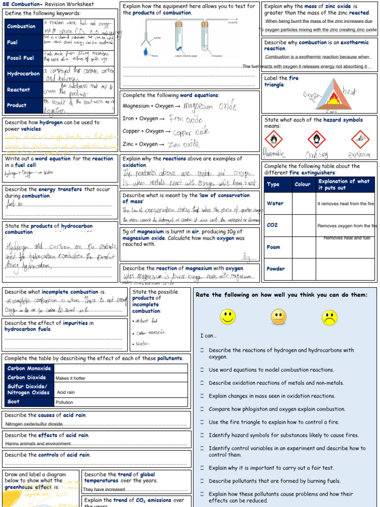 Year 8 Combustion Revision Worksheet | PDF | Combustion | Oxide