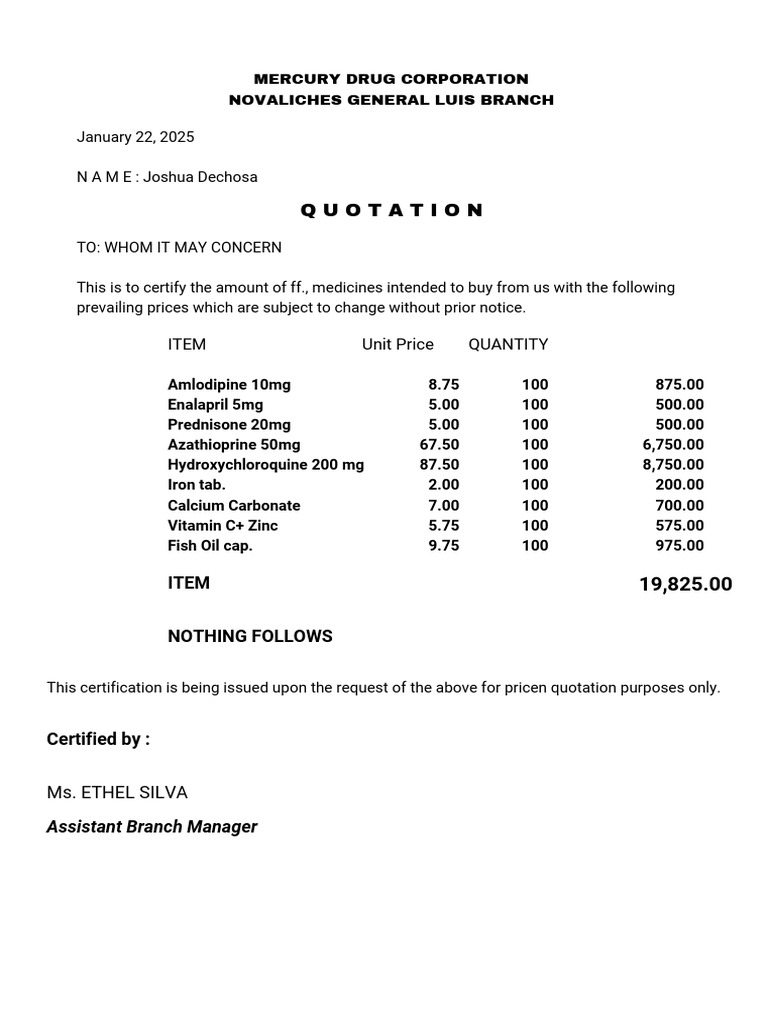 Mercury Drug Price Quotation 2025 | PDF