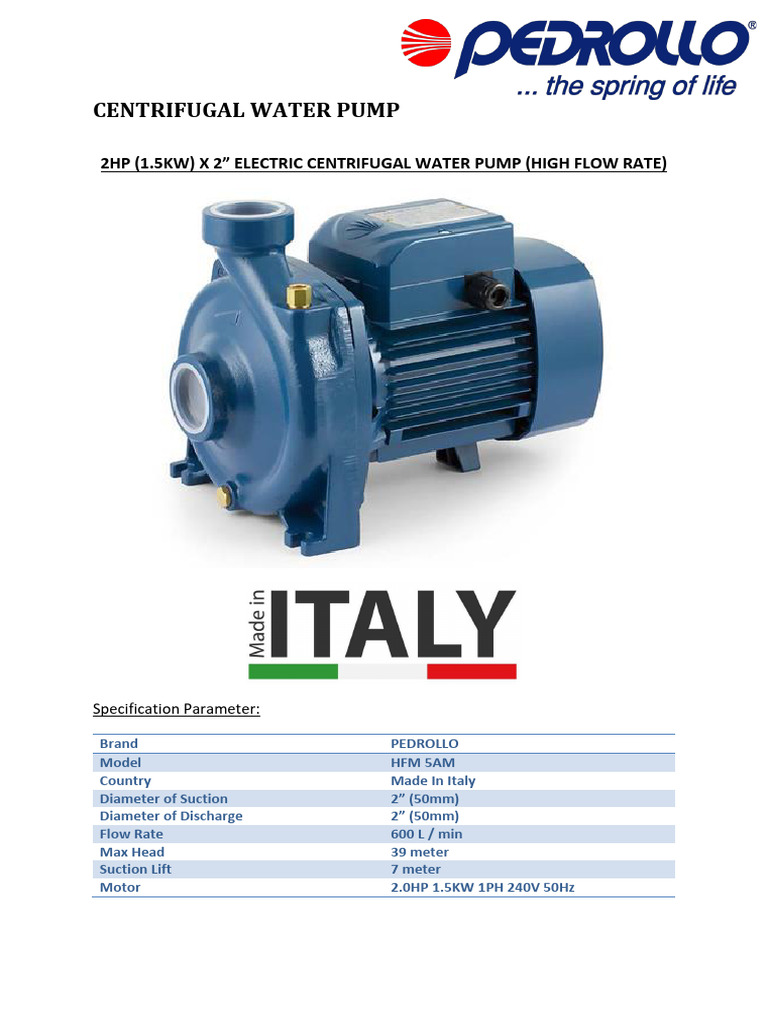 Pedrollo Hfm5am 2HP Centrifugal Water Pump | PDF