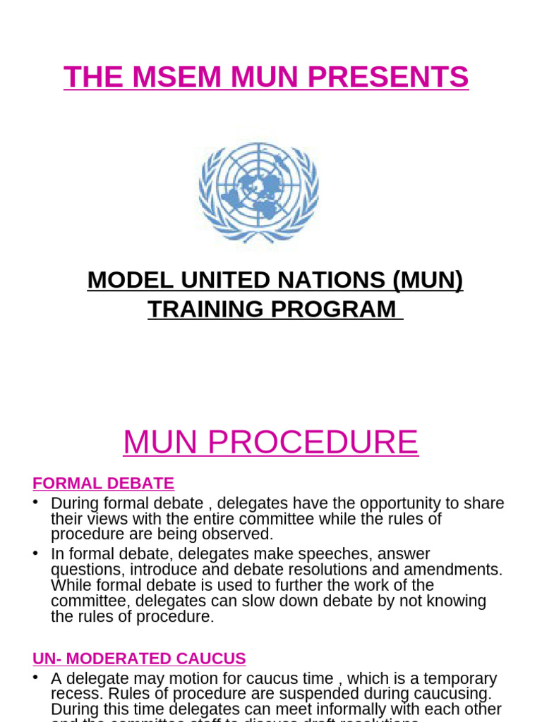 Model UN Training: Procedures & Debates | PDF | Meetings | Government