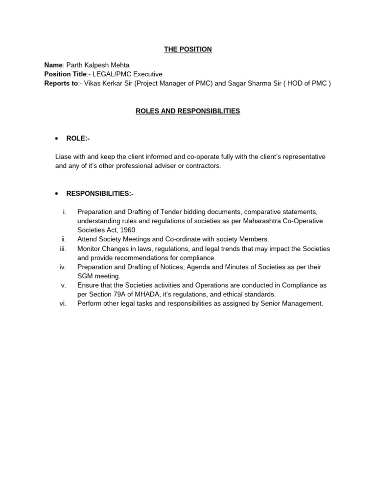Roles and Responsibilities - Parth Mehata | PDF
