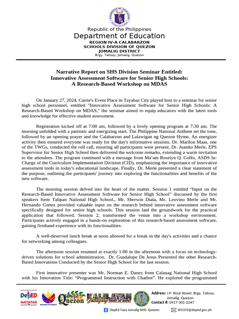 Narrative Report On SHS Seminar Last Jan 27 2024 | PDF