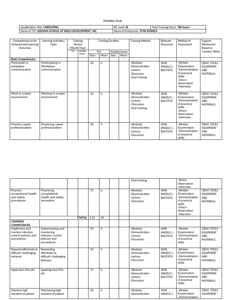Caregiving Training Plan Overview | PDF | Occupational Safety And ...